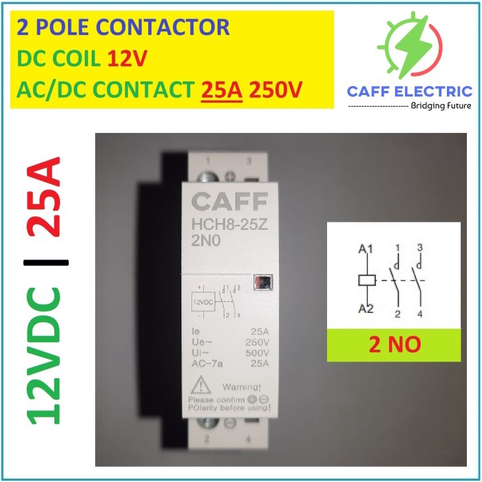 Jual CAFF DIN RAIL DC CONTACTOR 2P COIL 12VDC CONTACT DC/AC 250V 25A 2 ...