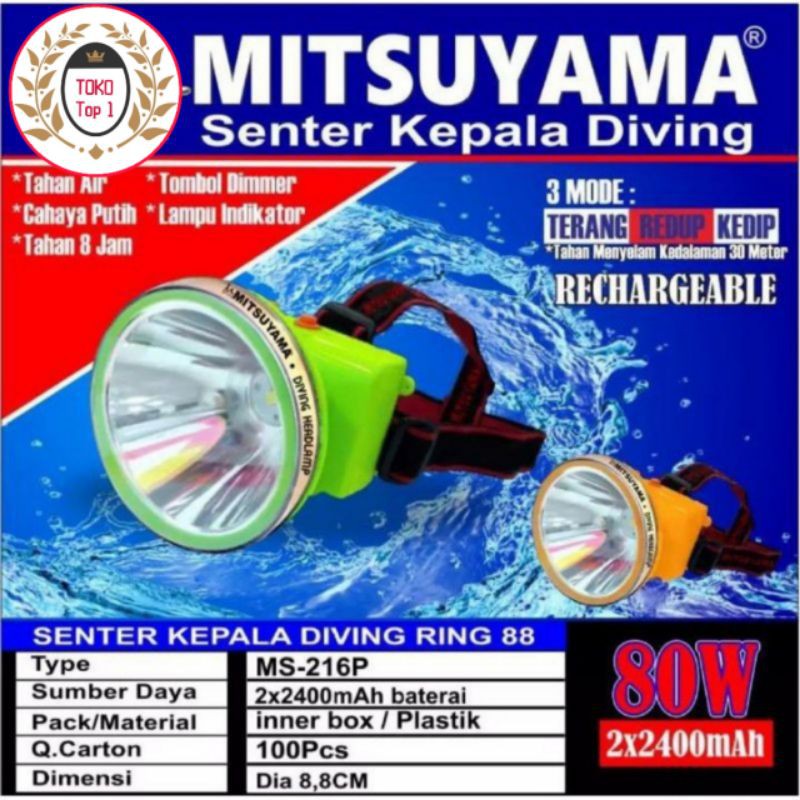 Jual Senter Kepala Mitsuyama 80 watt MS-170P /ms-216P super terang/senter kepala anti air ...