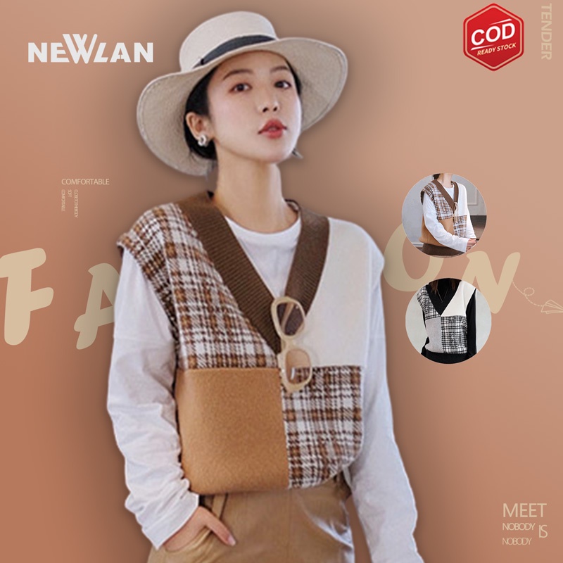 Jual Newlan ZZ012 Rompi Korea Tanpa Lengan Longgar V-neck Rompi Kisi-kisi Sweater Rajutan Rompi ...