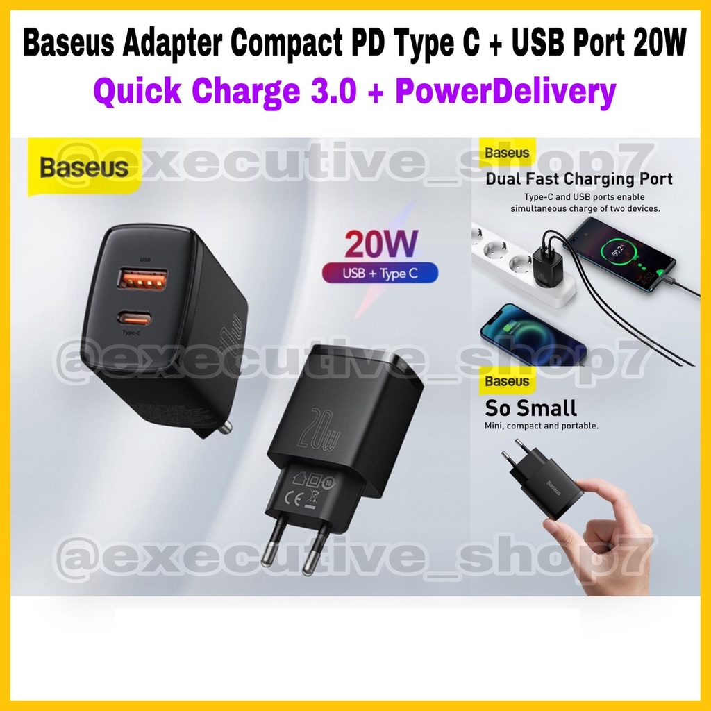 Jual Baseus Adapter Compact PD Type C + USB port 20W - Quick Charge 3.0 ...