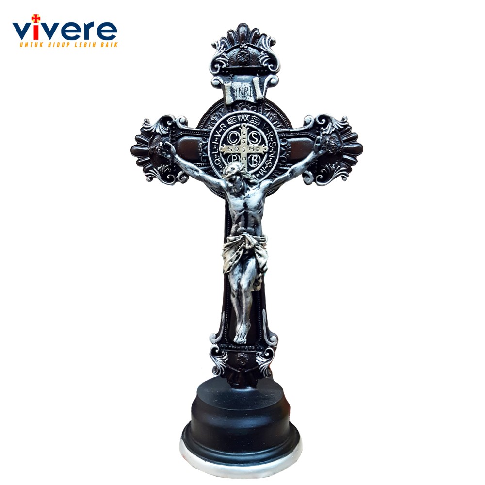 Jual Salib Yesus Plus Medali St Benedictus Motif Coklat Perak 33 cm ...