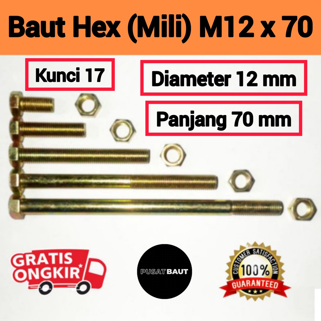 Jual (10 PCS) M12 x 70 Baut Kunci 17 Baut Mur M12x70 Kuning Hex Besi ...
