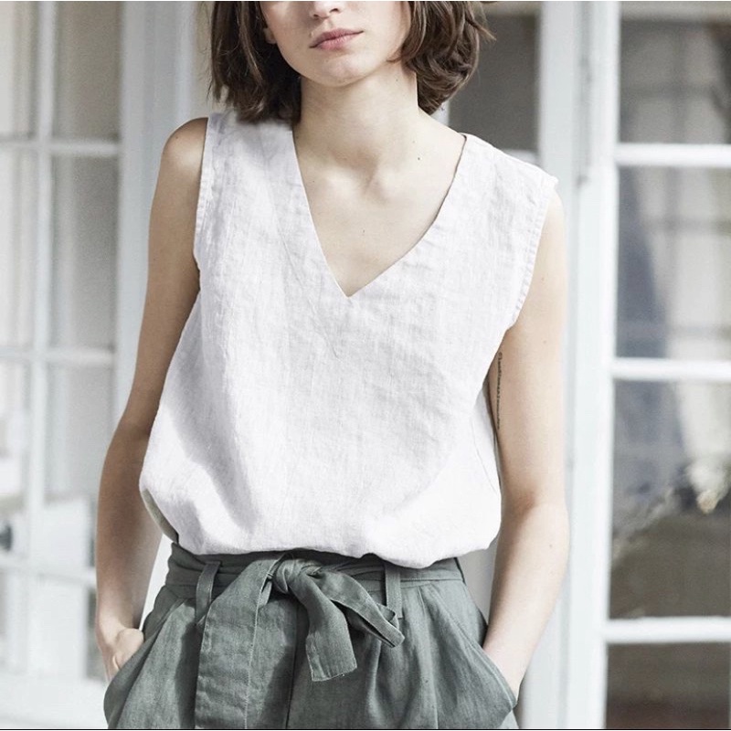 Jual Tank Top wanita musim panas Linen V-Neck fashion korean | Shopee ...
