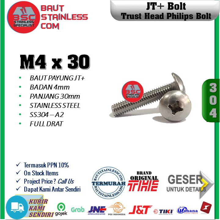 Jual BAUT PAYUNG PLUS BAUT JT+ STAINLESS SS304 M4X30 ISI 10 PCS | Shopee Indonesia