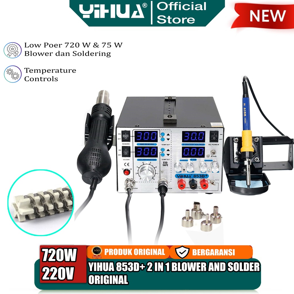 Jual Yihua 853D+ Blower Solder Uap Hot Air Gun 3 IN 1 Soldering Station Digital - Power Supply ...