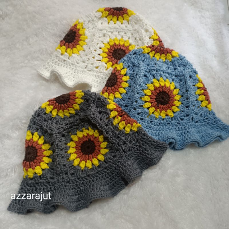 Jual sunflower bucket hat/topi rajut/topi bunga matahari/topi cantik ...