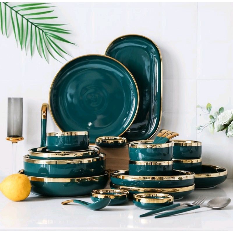 Jual AVELINE Piring Set Keramik gold marble Tebal 18pcs /Piring set ...
