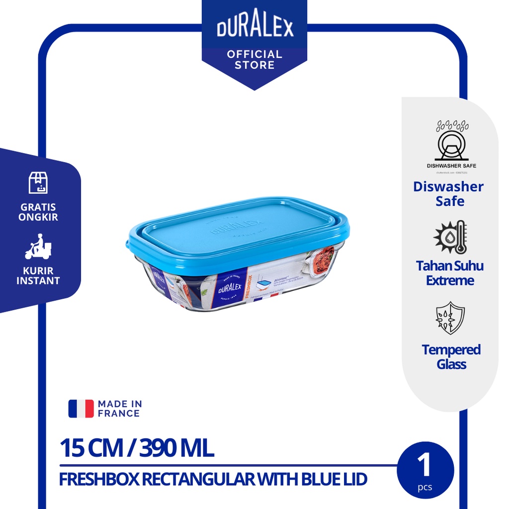 Jual Duralex Clear Freshbox Rectangular Bowl with Blue Lid 15 cm 390 ml ...
