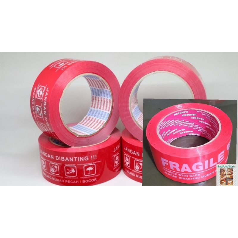Jual Lakban fragile merah 100 meter x 48 mm / 100 yard jangan dibanting ...