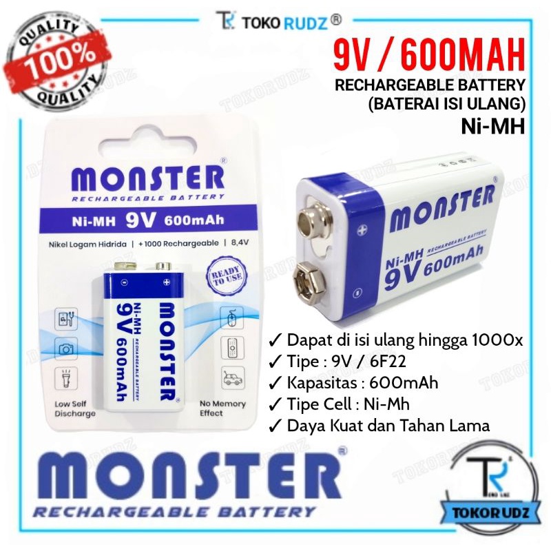 Jual Batre 9V Cas Baterai Isi Ulang 6F22 600mAh Rechargeable MONSTER ...