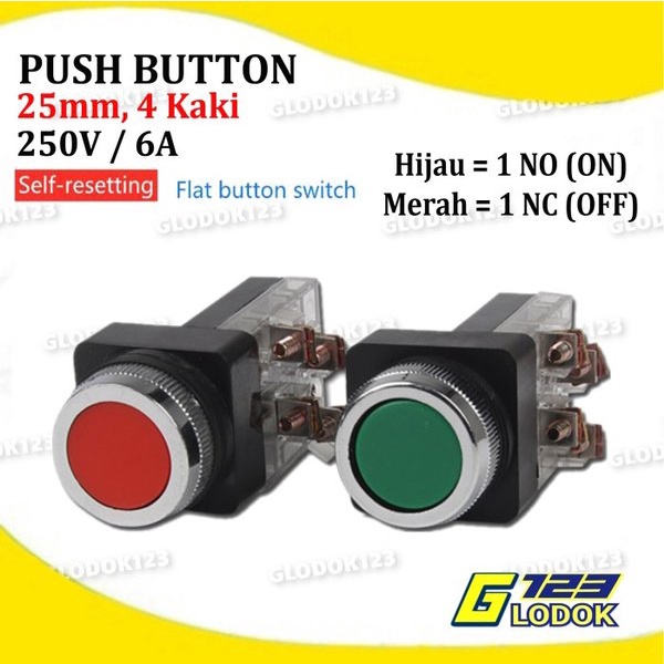 Jual Push Button TAB 25MM PB2501 PB2511 2 4 Kaki Tombol On Off Merah ...