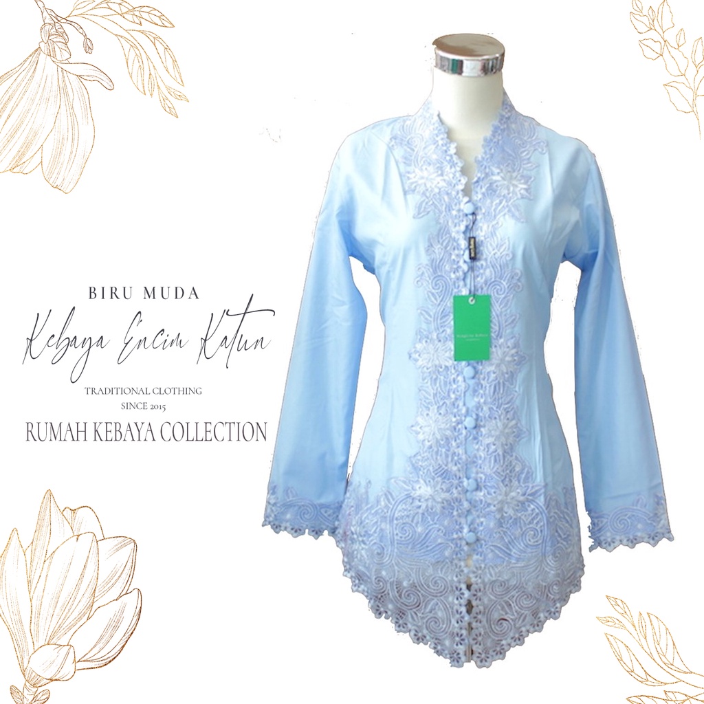 Jual Kebaya Encim Kartini Katun Bordir Modern Muslim Biru Muda Lengan ...