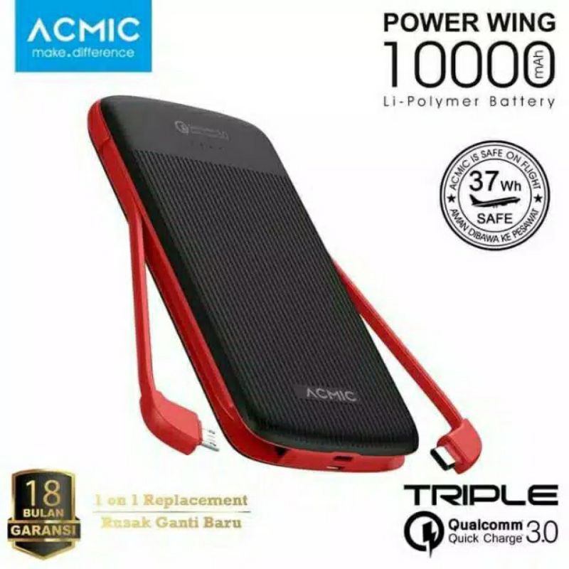 Jual Acmic Power wing 10000mAh Powerbank Triple Quick Charger 3.0 Original | Shopee Indonesia