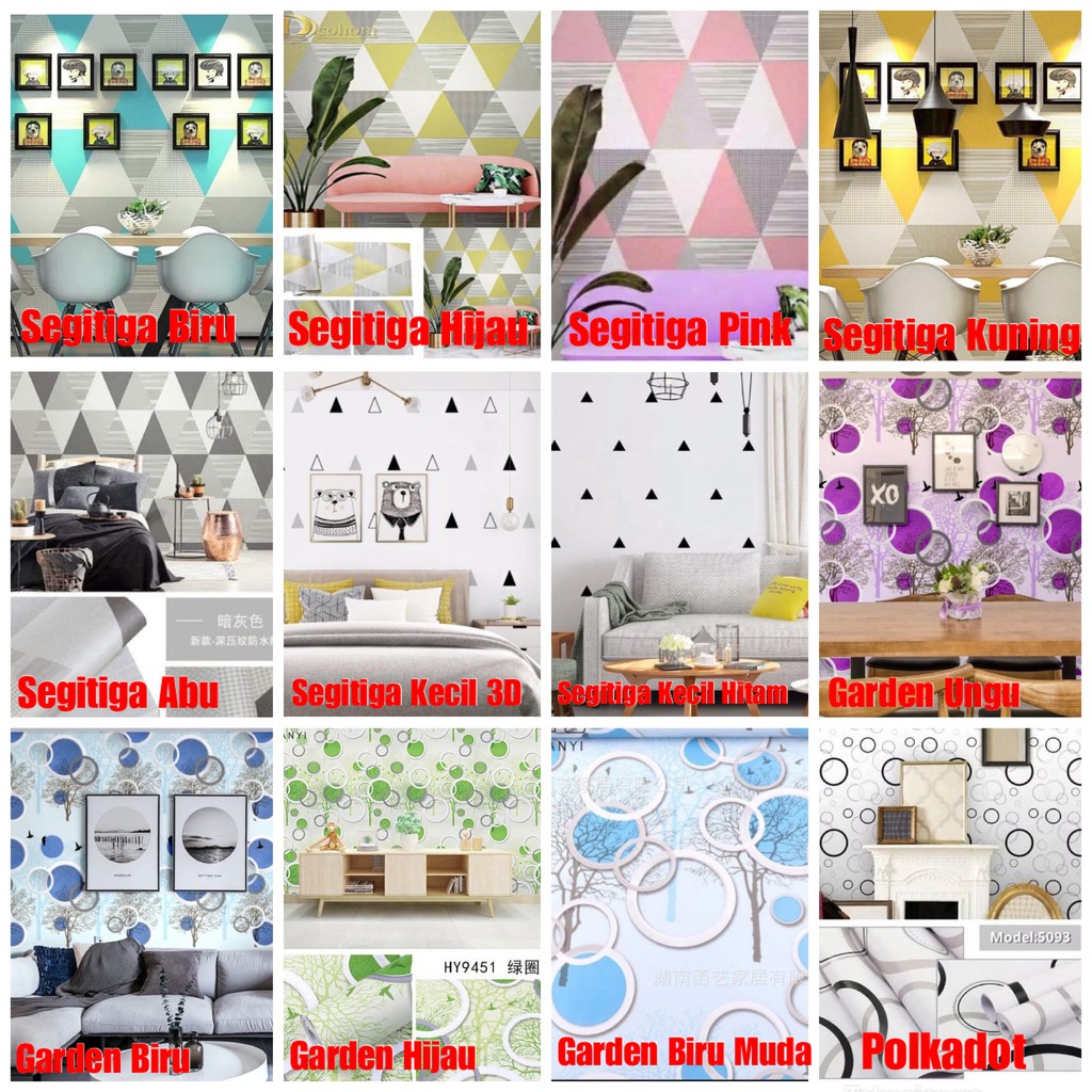 Jual WALLPAPER DINDING 45 cm x 10 M Motif SEGITIGA Polkadot Segi Tiga Biru Hijau Pink Kuning ...
