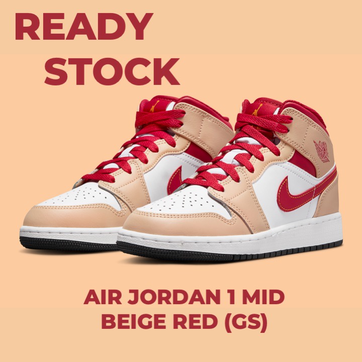 Jual Nike Air Jordan 1 Mid Beige Red (GS) | Shopee Indonesia