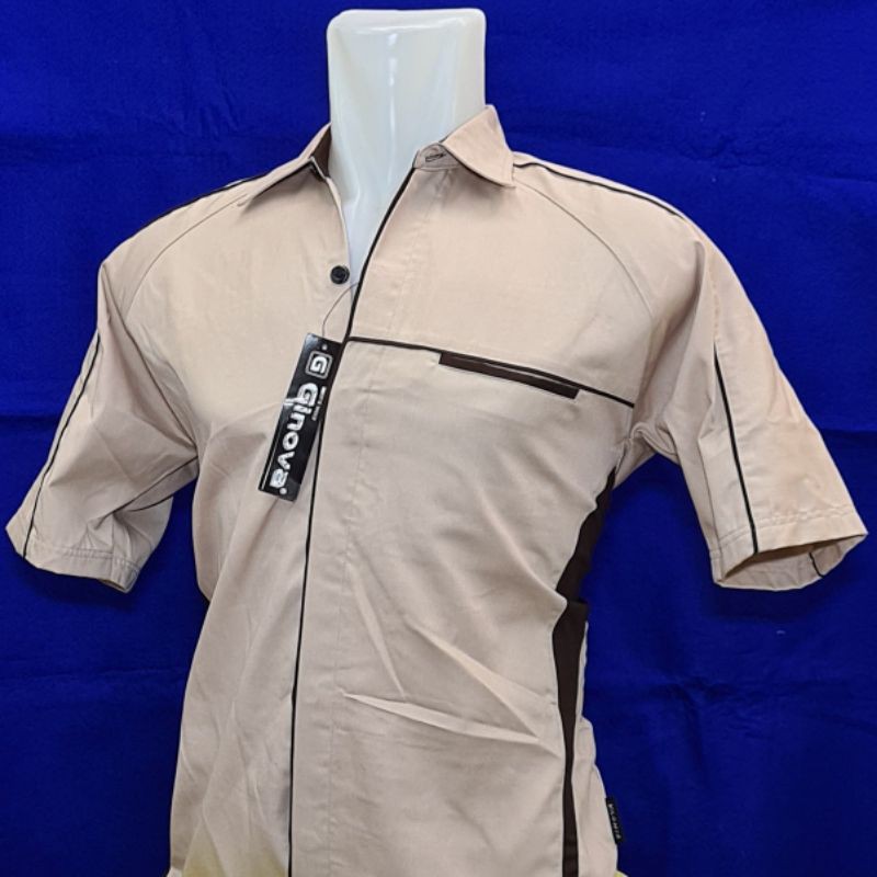 Jual KEMEJA KREAM LIS COKLAT. SERAGAM KERJA BAJU KANTOR COSTUM BORDIR ...