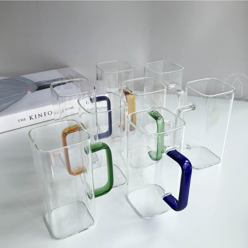 Jual Gelas kaca kotak 400ml- square glass cup 400ml with handle | Shopee Indonesia