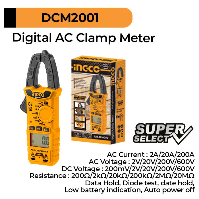 Jual Digital LCD Clamp Meter (AC/DC 600V) INGCO DCM2001 - Tang Ampere ...