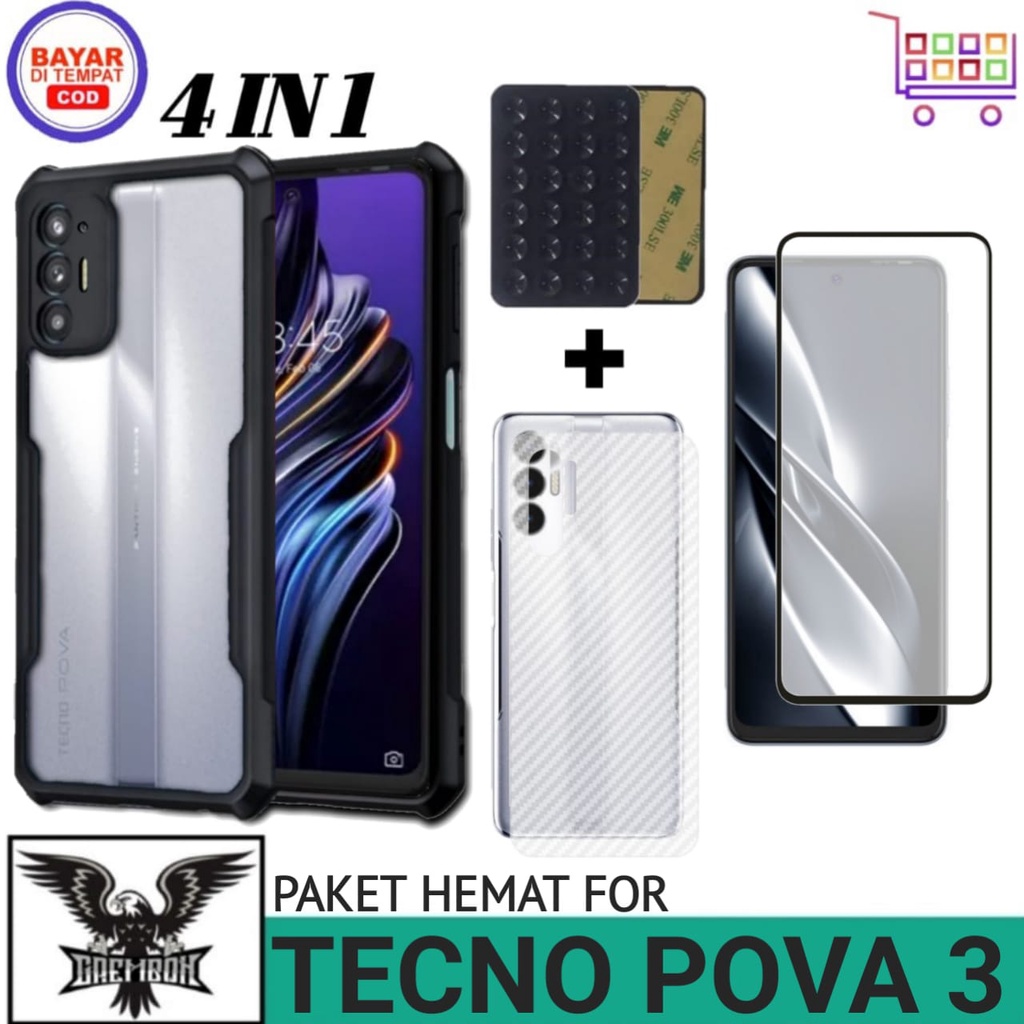 Jual PAKET 4IN1 CASE TECNO POVA 3 SOFT CASE ARMOR TRANSPARAN FREE TEMPERED GLASS + GARSKIN DAN ...