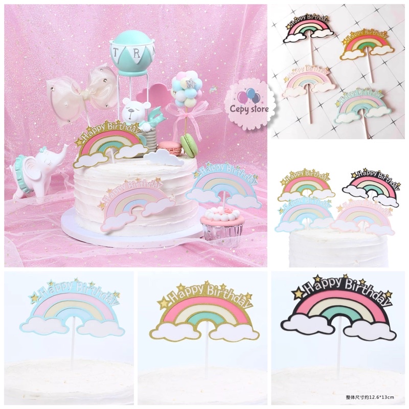 Jual Cake Topper Happy Birthday Awan Pelangi / Tusukan Kue HBD Karton ...