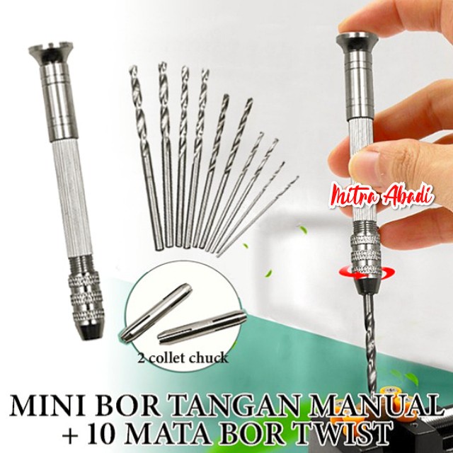 Jual Bor Tangan Manual Mini Hand Drill Portable + 10 PCS Mata Bor Twist ...