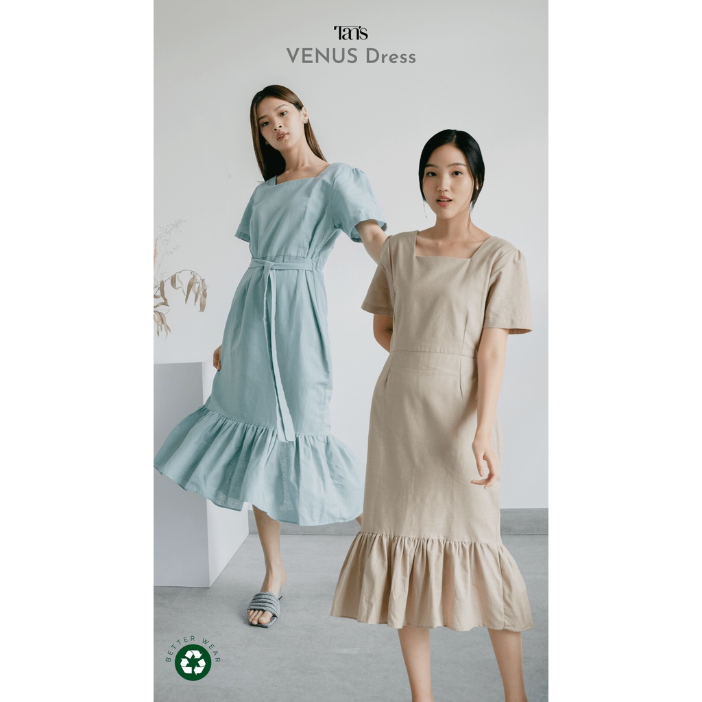 Jual VENUS Linen Mermaid Ruffle Dress - Puffy Sleeves Two way Smock ...