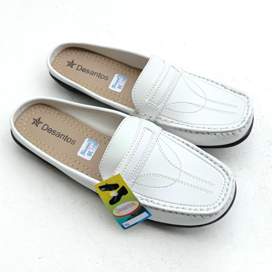 Jual SEPATU SLOP CEWEK MODEL RAMPEL FLAT FULL PUTIH DESANTOS ORIGINAL ...