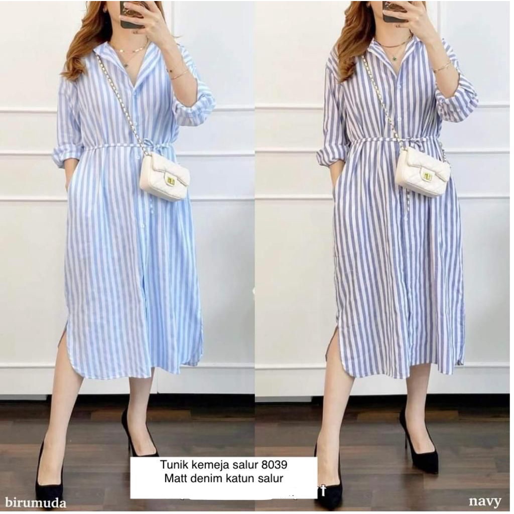 Jual NANDO TUNIK KEMEJA SALUR GARIS GARIS DENIM KATUN SALUR IMPORT TALI ...