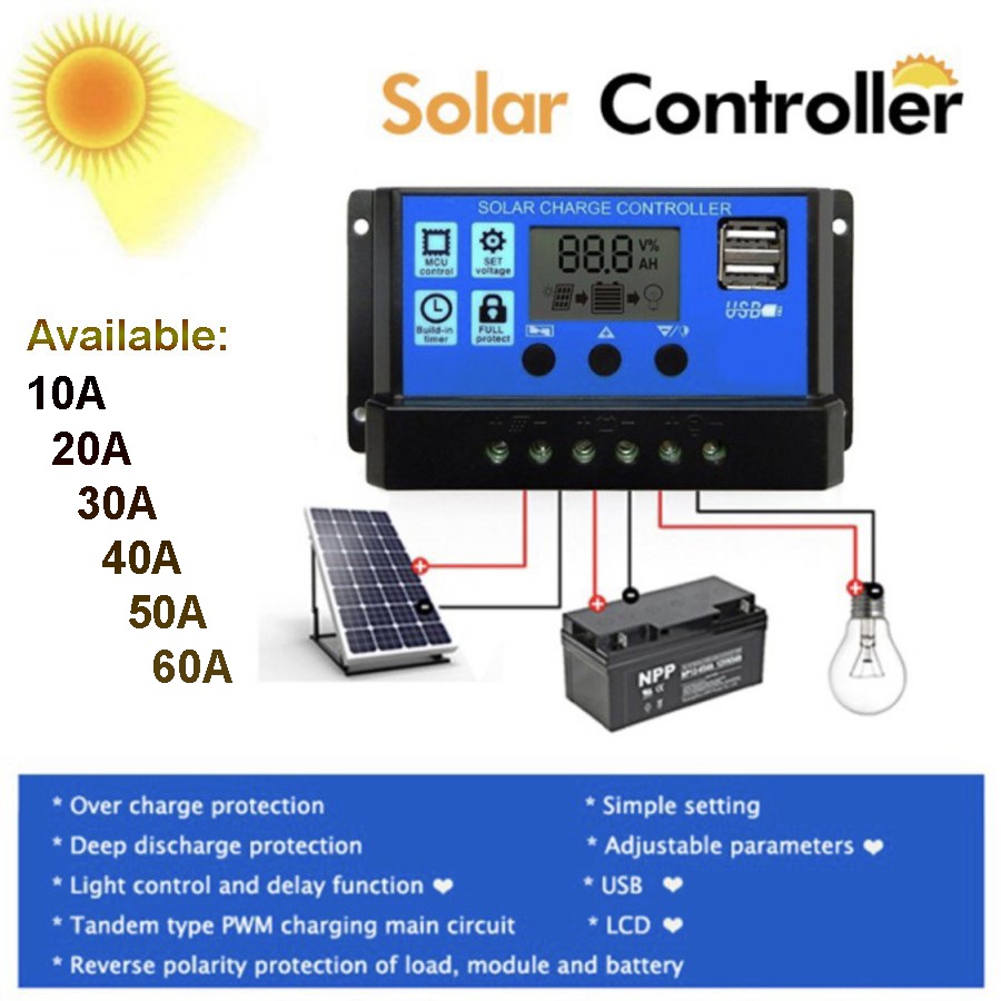 Jual SCC Solar Charge Controller PWM Solar Panel 10A 20A 30A 40A 50A 60A 12V 24V | Shopee Indonesia
