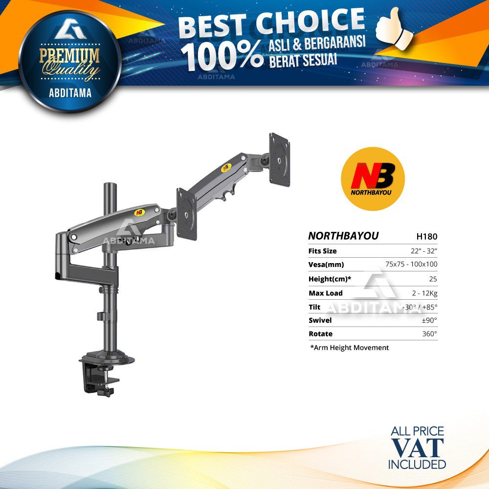 Jual Bracket Dual Monitor NB H180 | E180 22" - 32" Gas Spring Swivel ...
