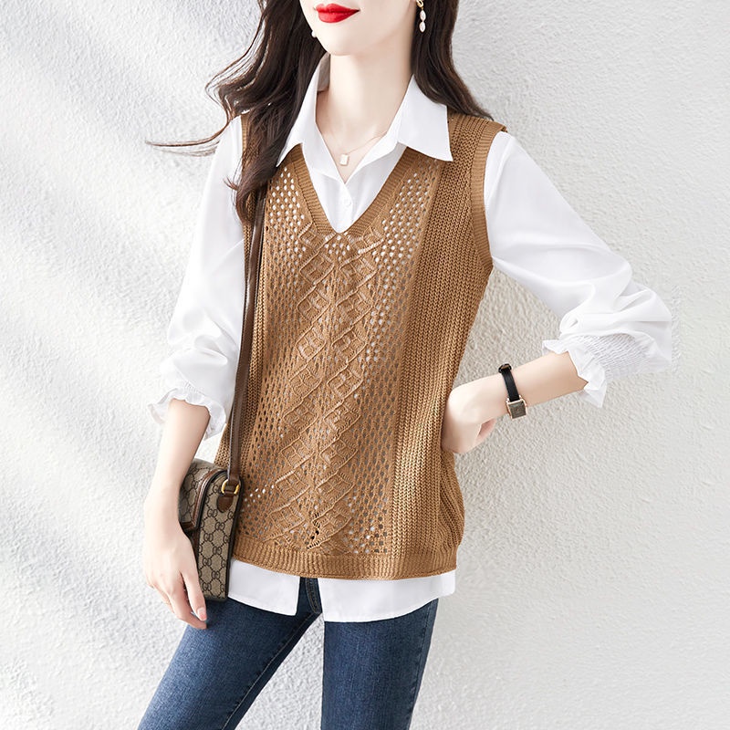 Jual Rompi berlubang baru mengenakan setelan kemeja kerah warna kontras ...