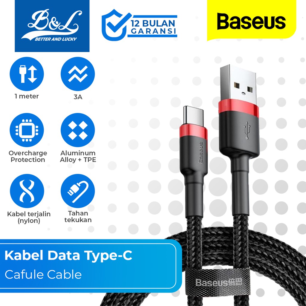 Jual BASEUS Cafule Kabel Data USB to Type-C 3A Braided | Shopee Indonesia