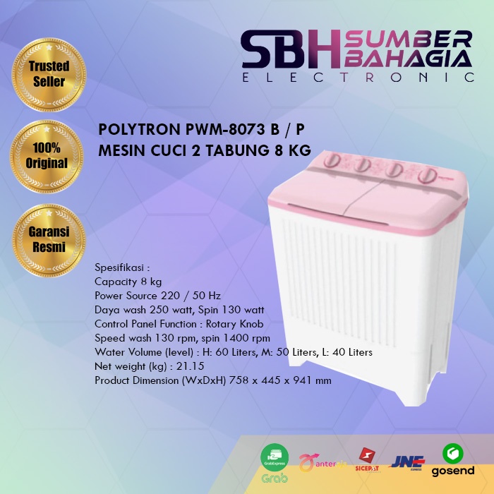 Jual POLYTRON PWM-8073 B / P MESIN CUCI 2 TABUNG 8 KG (NEW) (KHUSUS ...