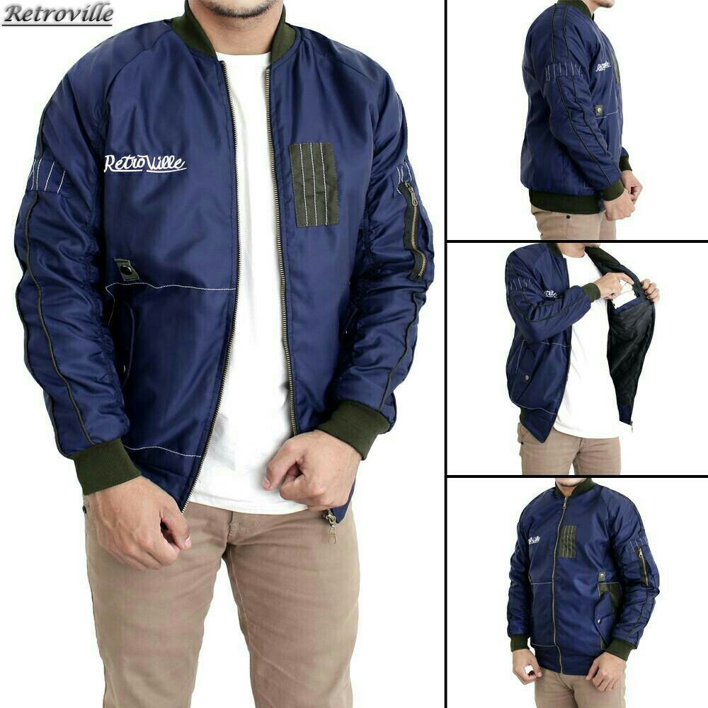 Jual Jaket Bomber Pria Retro Navy | Shopee Indonesia