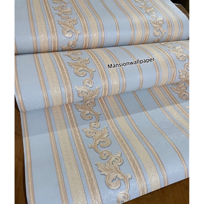 Jual Wallpaper Dinding Garis Batik Simple Floral Biru dan Cream Obral ...