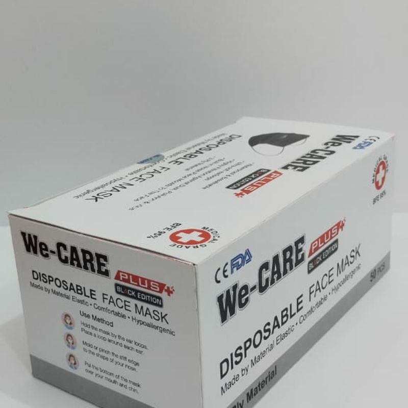 Jual masker 3-ply wecare plus black white disposable mask hitam putih | Shopee Indonesia