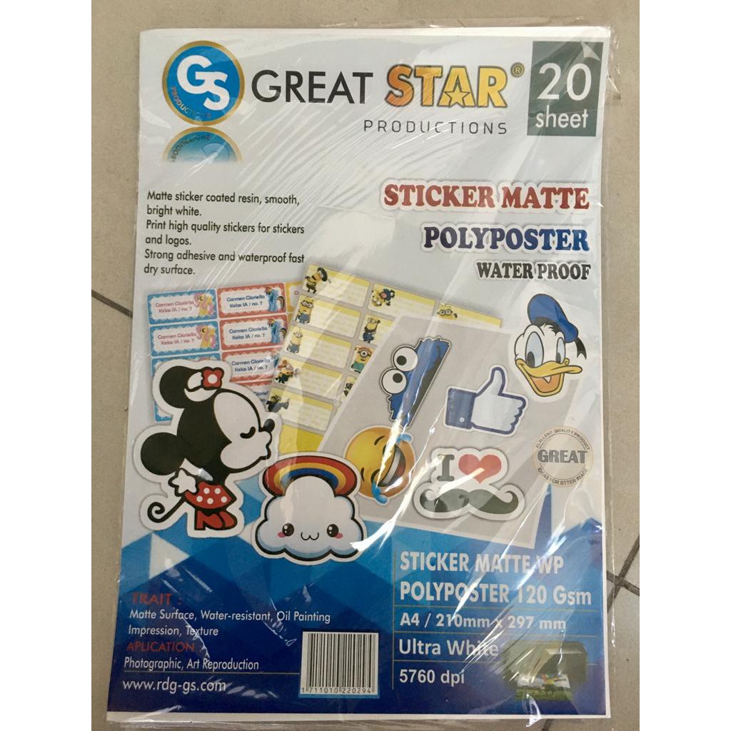 Jual Bahan Sticker Anti Air Great Star Sticker Matte WP Polyposter A4 ...