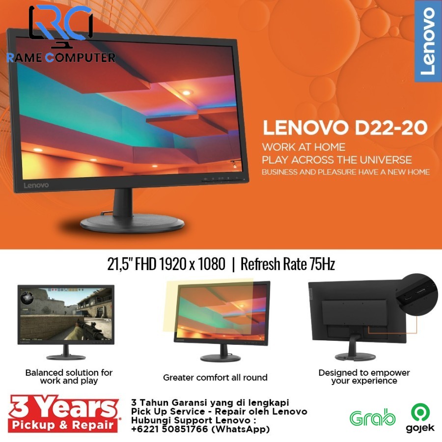 Jual Monitor PC LED Lenovo 22" D22-20 D2220 D22 FHD HDMI VGA 22 inch ...