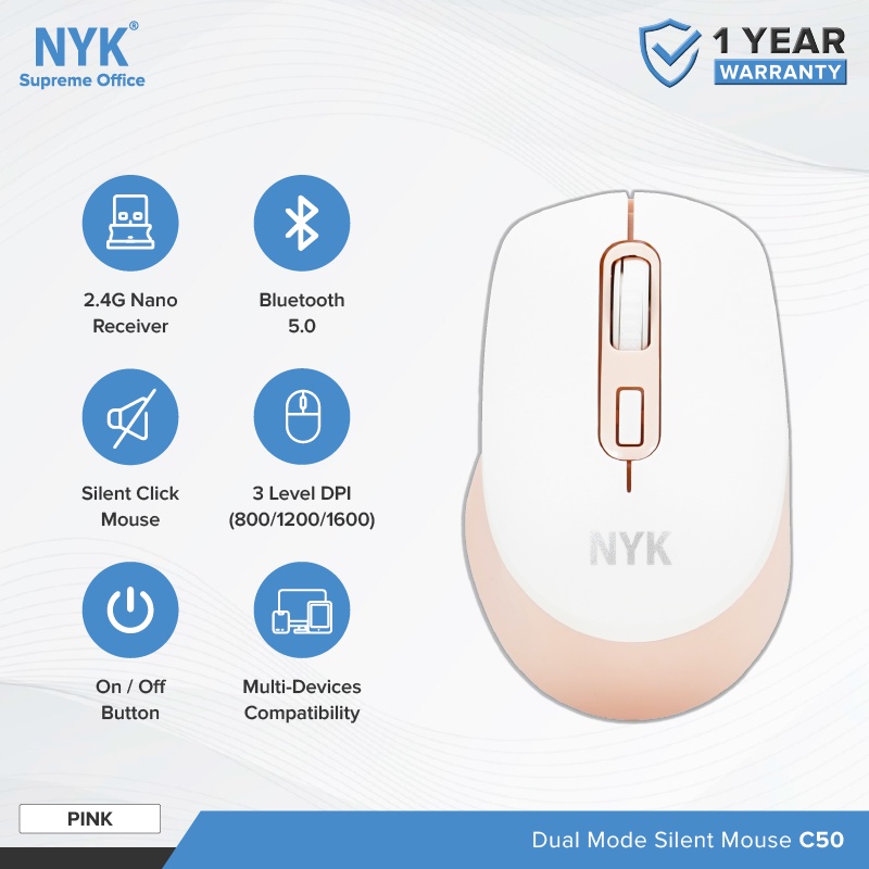 Jual NYK Mouse C50 Wireless Bluetooth Optical Silent Click PINK ...