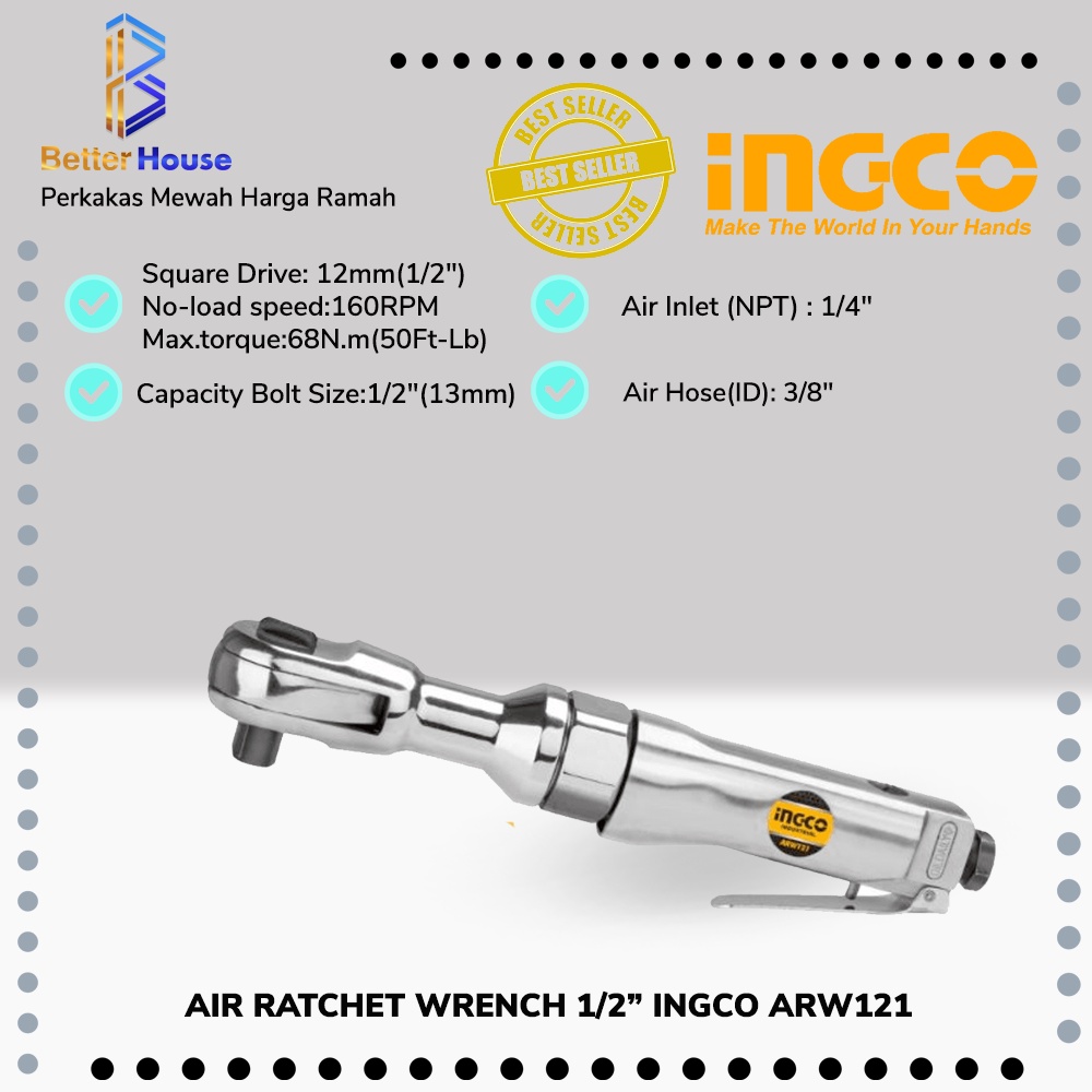 Jual Air Ratchet Wrench (1/2" 68Nm) INGCO ARW121 - Kunci Sok Socket ...