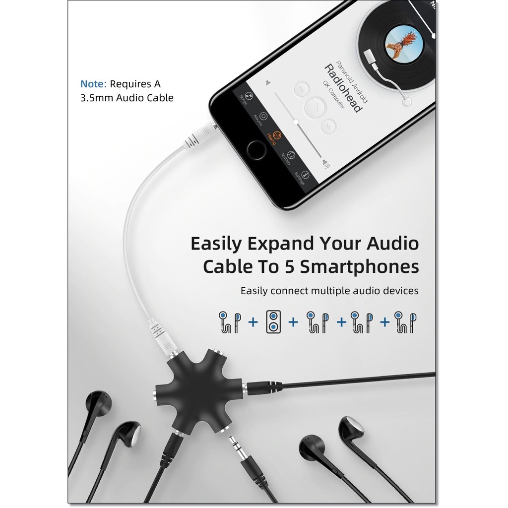 Jual Splitter Adapter 6 Way Ports Male to 5 Female Audio Earphone 3.5mm ...