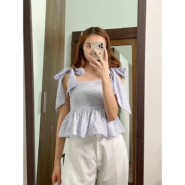 Jual Blue Floral Ribbon Top (Pomelo) | Shopee Indonesia