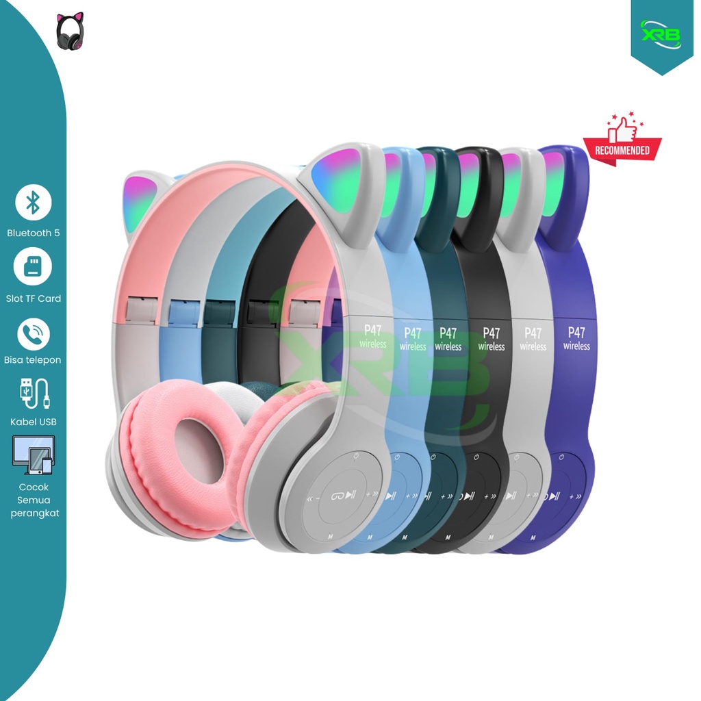 Jual Headphone Bass MZ-P47 Wireless/Bluetooth Earbuds Cat Ears LED ...