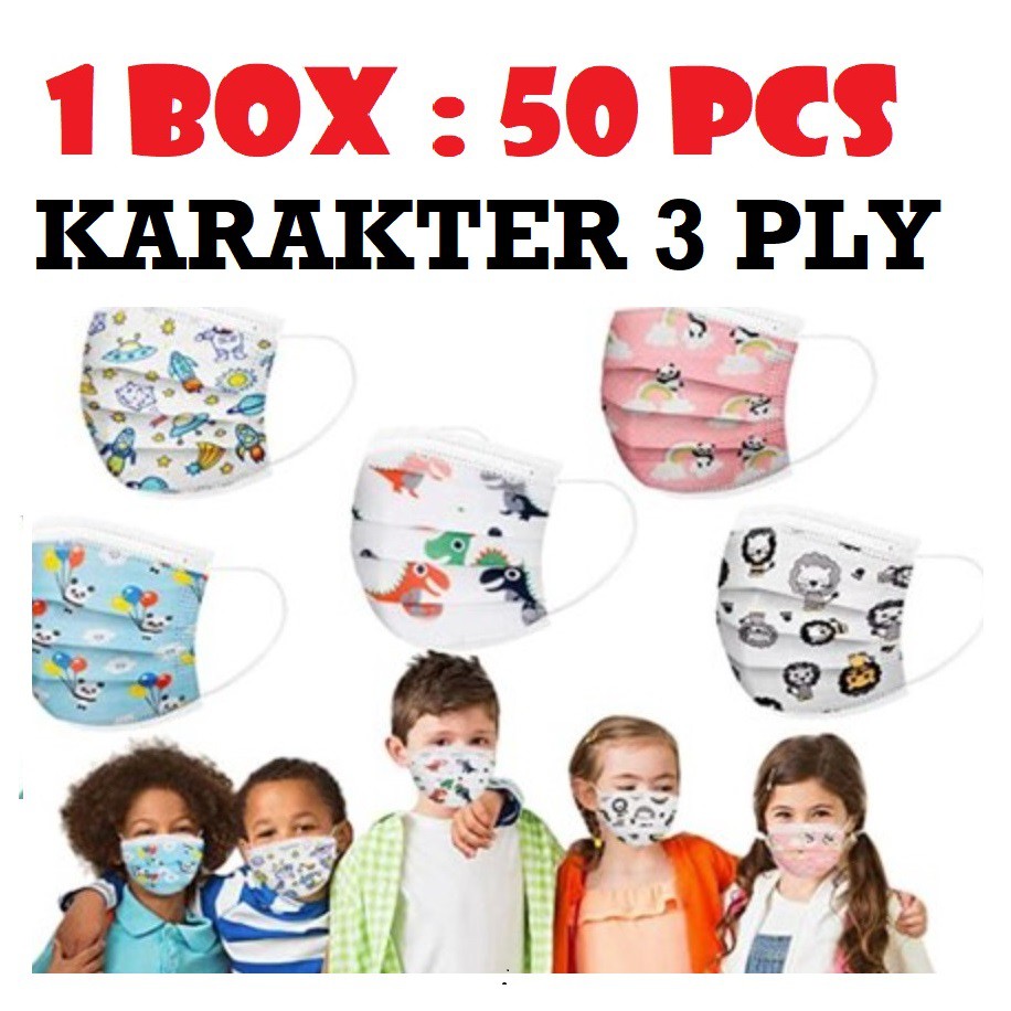 Jual WBS Masker anak 3 ply 3ply Kids Child mask motif Earloop 1box isi ...