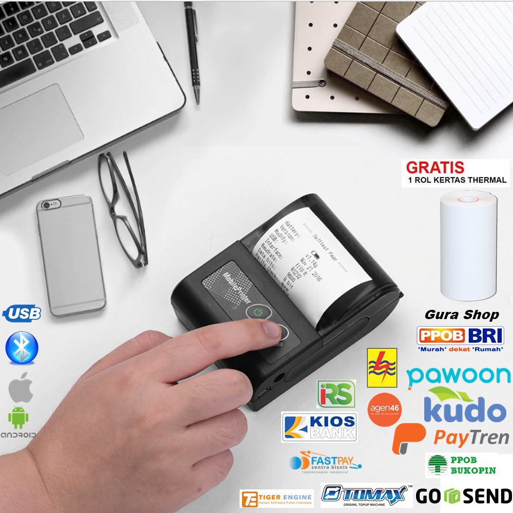 Jual Printer Struk Nota Resi Shopee Barcode QR Code Kasir Mini Portable Bluetooth Wireless HP PC ...