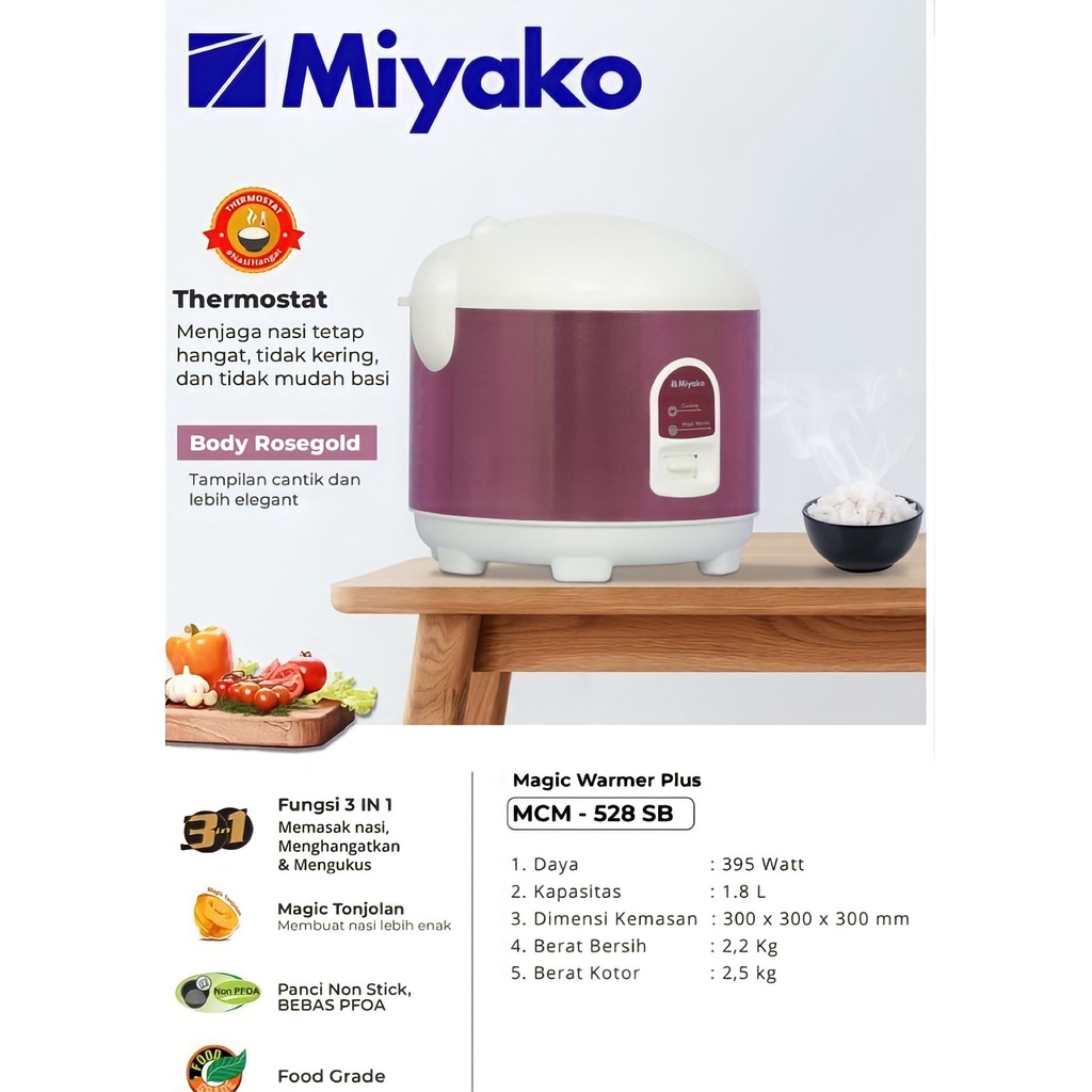 Jual Magic Com Miyako Rice Cooker 1.8 liter NANOAL Anti Lengket MCM 528 ...