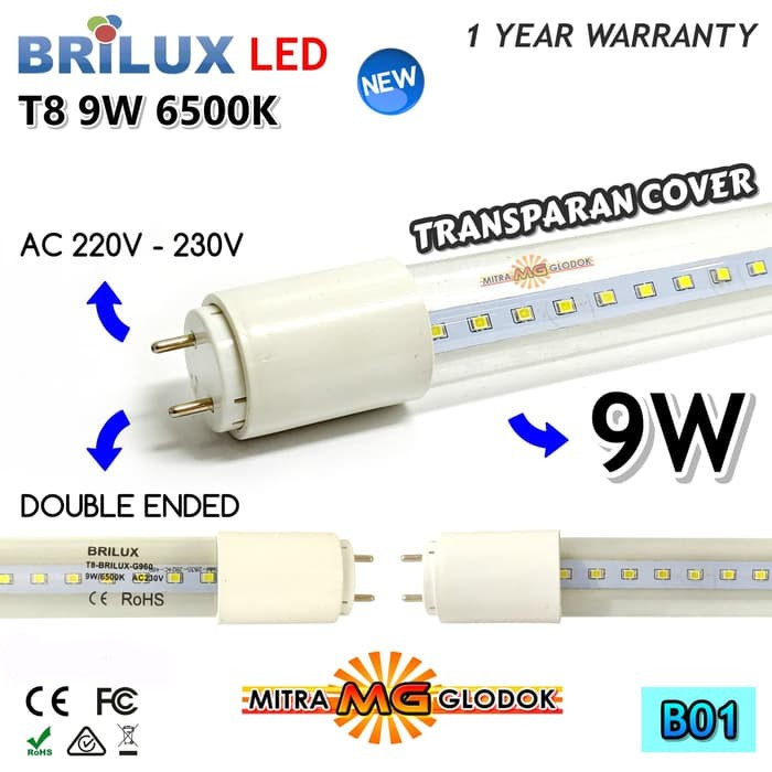 Jual LAMPU LED TL T8 NEON 9W Watt 60 CM BRILUX COVER KACA TRANSPARAN ...