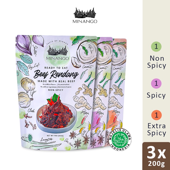 Jual MINANGO Bundle of 3 Beef Rendang Daging Sapi Padang 200 gram Siap Saji Halal | Shopee Indonesia