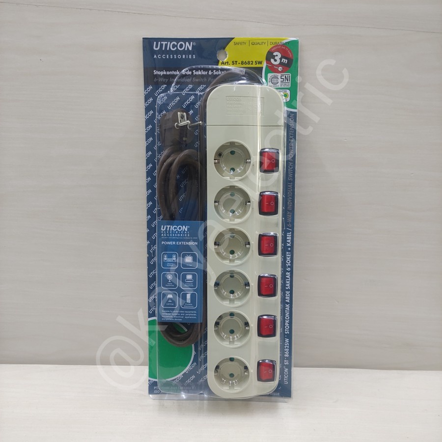 Jual STOP KONTAK UTICON 6 LUBANG SAKLAR MASING" KABEL 3 METER UTICON ST-8682 SW | Shopee Indonesia