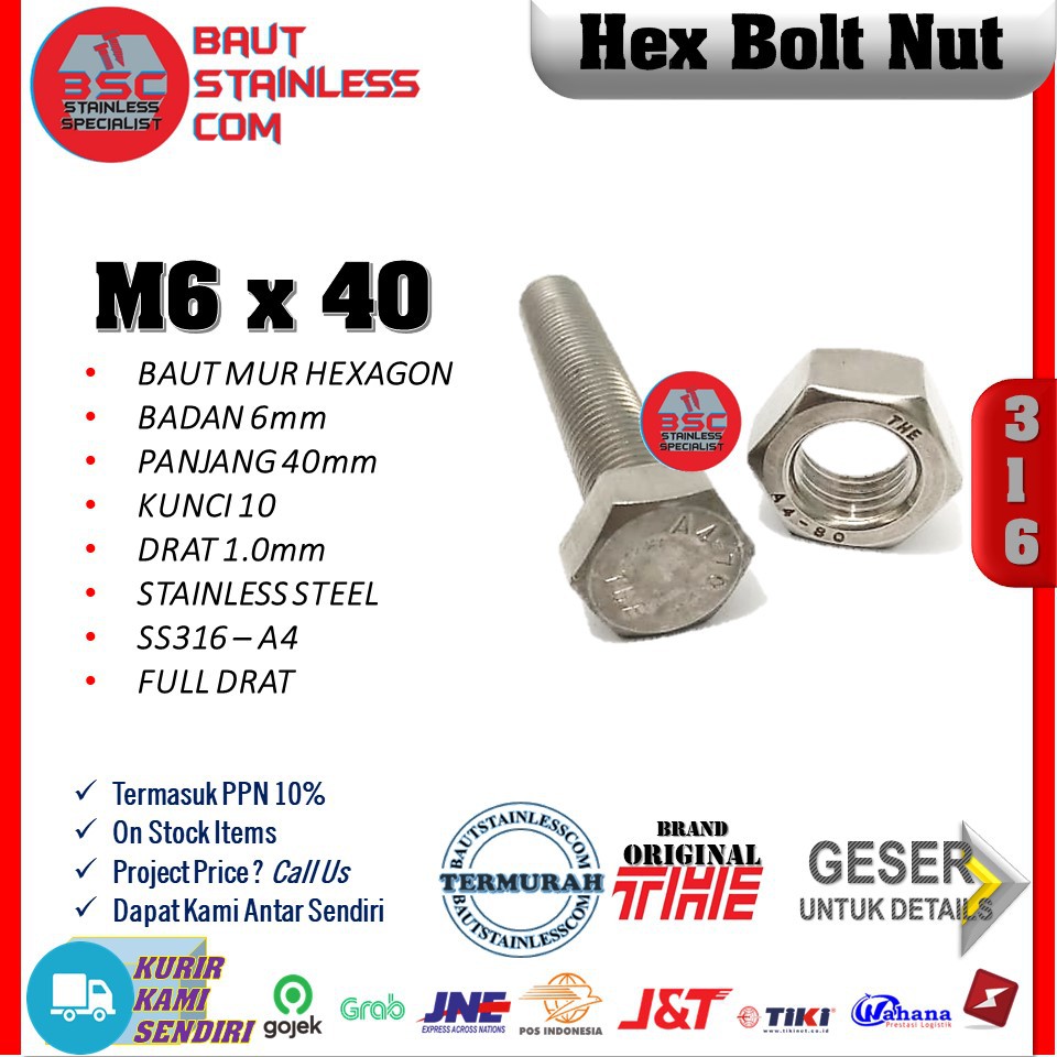 Jual HEX BOLT NUT STAINLESS SS316 - A4 BAUT DAN MUR M6X40 KUNCI 10 ...
